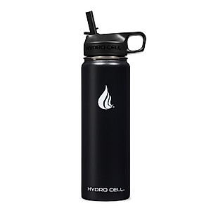 HYDRO CELL Stainless Steel Insulated Water Bottle with Straw - For Cold & Hot Drinks - Metal Vacuum Flask with Screw Cap and Modern Leakproof Sport Thermos for Kids & Adults (Black 24oz)