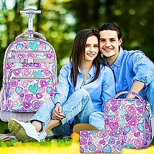 FTJCF 3pcs Rolling Backpack for Women, 21 Inche Adult Bag with Roller Wheels, Wheeled Bookbag Set for Girls - PinkGrey