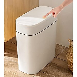 COMODID 14 Litre Trash Can with Press Top Lid, 3.7 Gallons Plastic Garbage Bin, Slim Wastebasket for Bathroom, Kitchen, Toilet, Office, Room, Bedroom, White lid Without Brush
