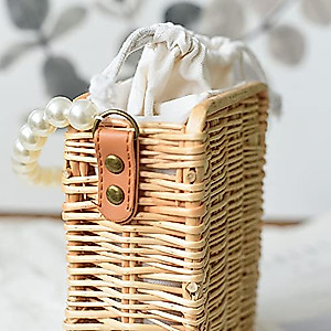 Mokyler Pearl Rattan Handbag Beach Rattan Bag, Cute Handwoven Straw Pearl Handle Brown Basket Wedding Flower Girl Baskets White Polyester Insert Portable Storage Basket for Party Decor, 5.9x5.9 inch