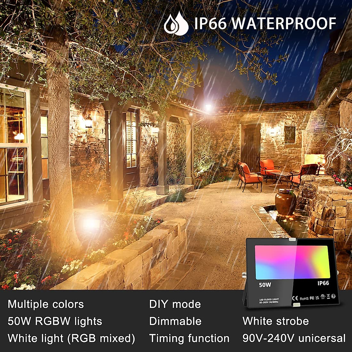 MELPO Led Flood Light 500W Equivalent, RGBW Led Outdoor Lights Colored Floodlight with Remote,50W,5000ML 2700K,120 Colors, Timing, Dimmable, Custom Modes, Landscape Lighting (2 Pack)