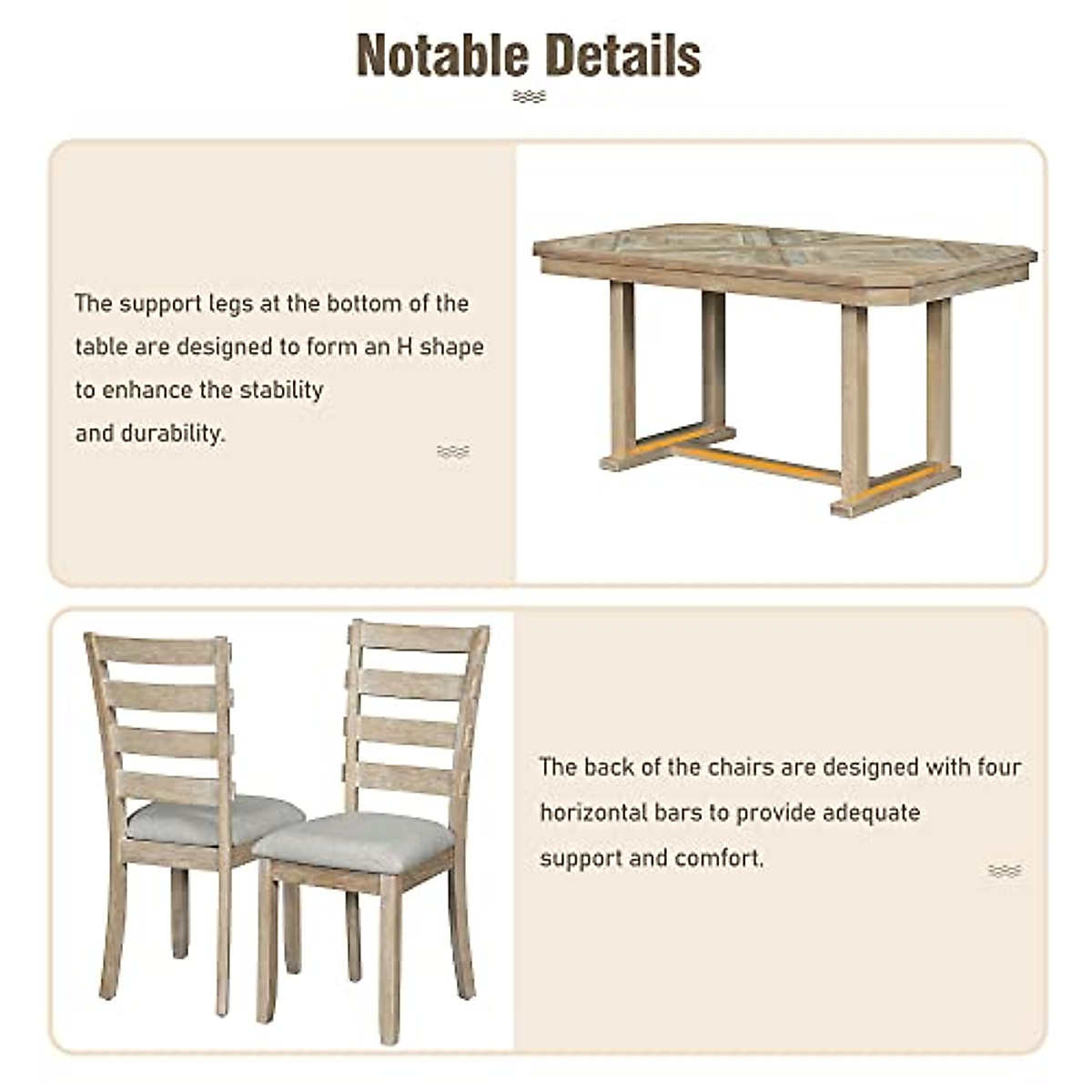 Merax 6-Piece Rubber Dining Table Set with 4 Cushioned Chairs and Bench, Beautiful Wooden Grain Pattern Tabletop, Natural Wood Wash-6pcs