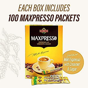 Maxpresso 3 in 1 Korean Instant Coffee Mix - Single Serve Sticks 100 Packets with Creamer and Sugar Premium Hot or Iced Coffee Blend Rich Flavor