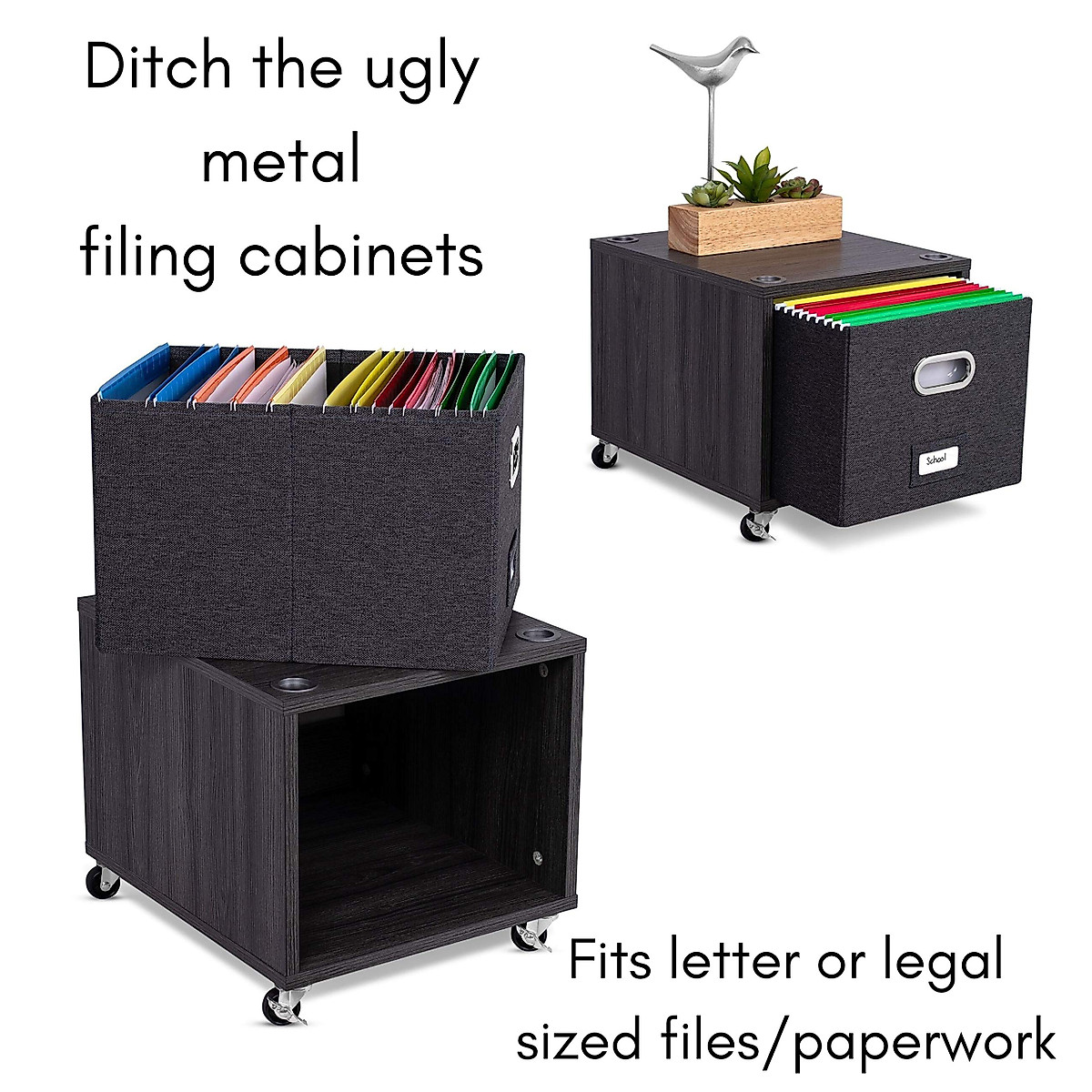 BIRDROCK HOME Rolling File Cabinet with 1 Lateral Drawer – Decorative Storage Shelf for Blankets, Books, Files, Magazines, Toys, etc – Removable Bin with Handles – Under Desk Office Organizer