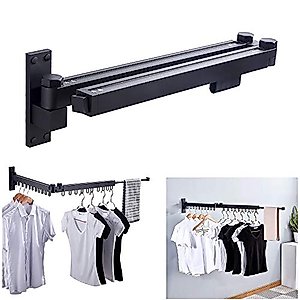 uyoyous Clothes Drying Rack 7.6 lbs Folding&Retractable 3-Level Wall Mount Space Saver Clothes Hanger with Towel Bar Laundry Drying Rack for Indoor Outdoor -Matte Black