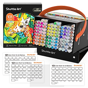 Shuttle Art 101 Colors Dual Tip Alcohol Based Art Markers,100 Colors plus 1 Blender Permanent Marker Pens Highlighters with Case Perfect for Illustration Adult Coloring Sketching and Card Making