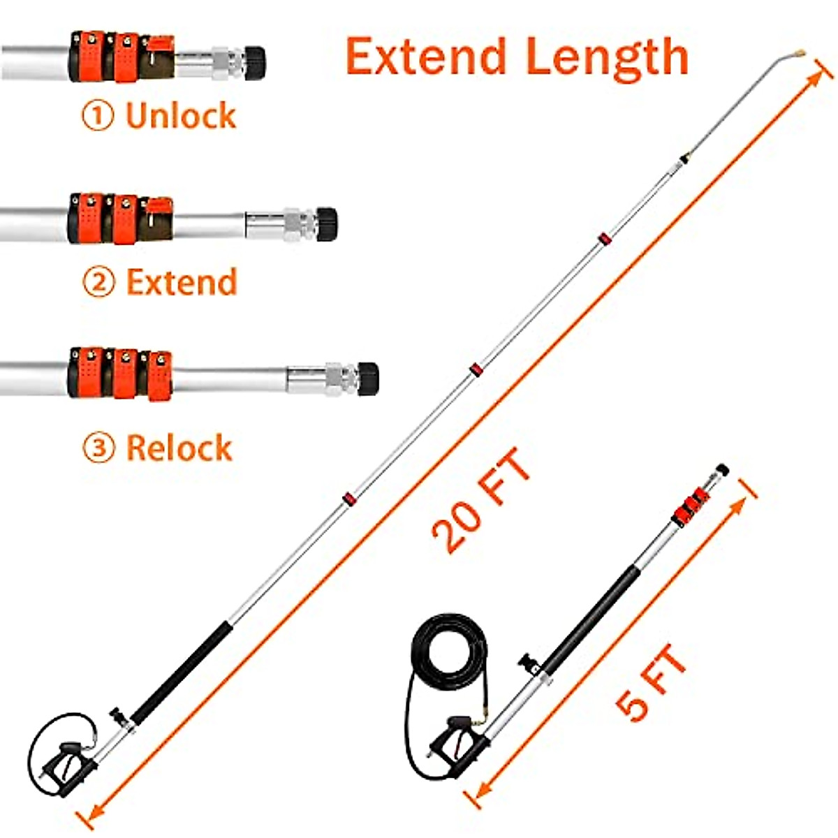 Zebby 20 FT Pressue Washer Telescopic Wand Lance Kit with Power Washer Extension, Adapters, Spray Nozzle Tips, Pivoting Coupler and Support Belt, 4000 PSI
