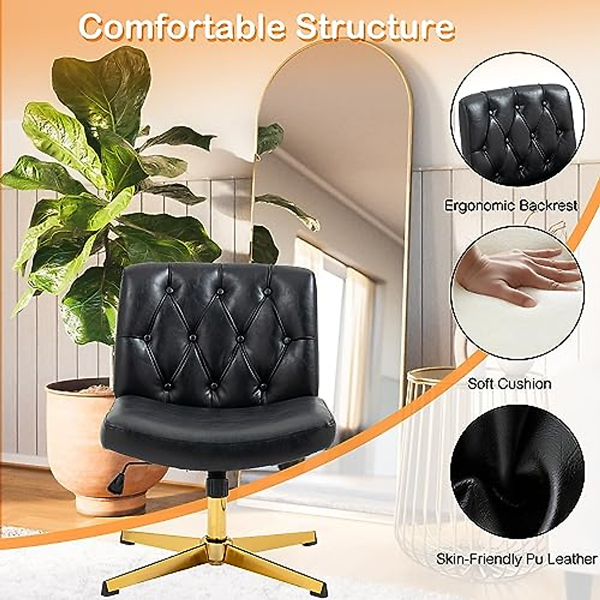 HomVent Armless Office Desk Chair No Wheels, PU Leather Tufted Padded Cute Desk Chair, Modern Ergonomic Computer Desk Chair w/Gold Cross Base,Adjustable Swivel Desk Chair for Makeup Vanity Study Black