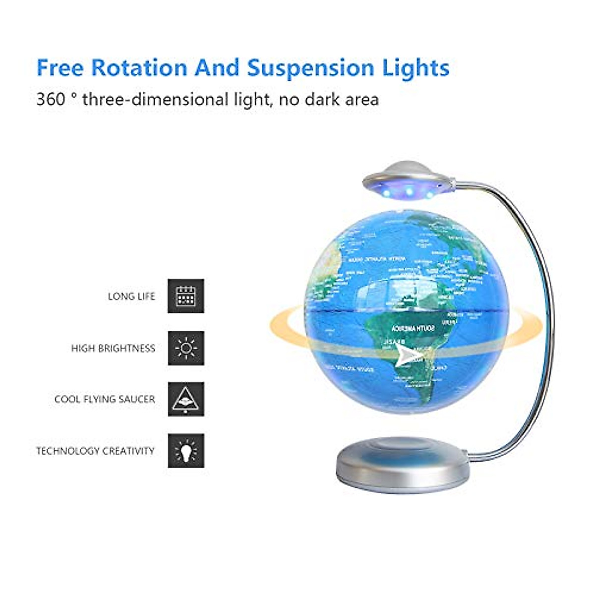 Floating Globe, 3D Rotation with Led Magnetic Levitation Globe, Floating World Map for Learning and Education, Home Desk Decoration, Creative Gift Decoration