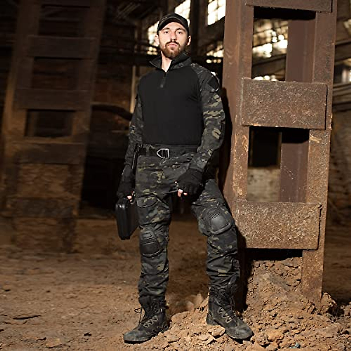 HAN·WILD Men's Military Uniform Tactical Suit Combat Shirts and Pants Airsoft Paintball Clothing with Knee Pads