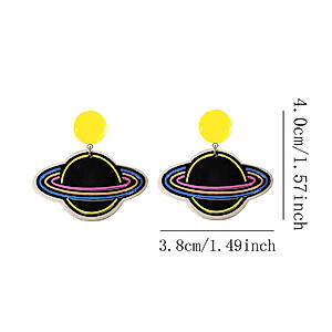 ANXIN Unique Handmade Cartoon Black Embossed Print Rocket Planet Earrings Chic Lightweight Creative Acrylic Drop Dangle Earrings For Women Jewelry Gifts (Black Planet (Xingxing) Earrings)