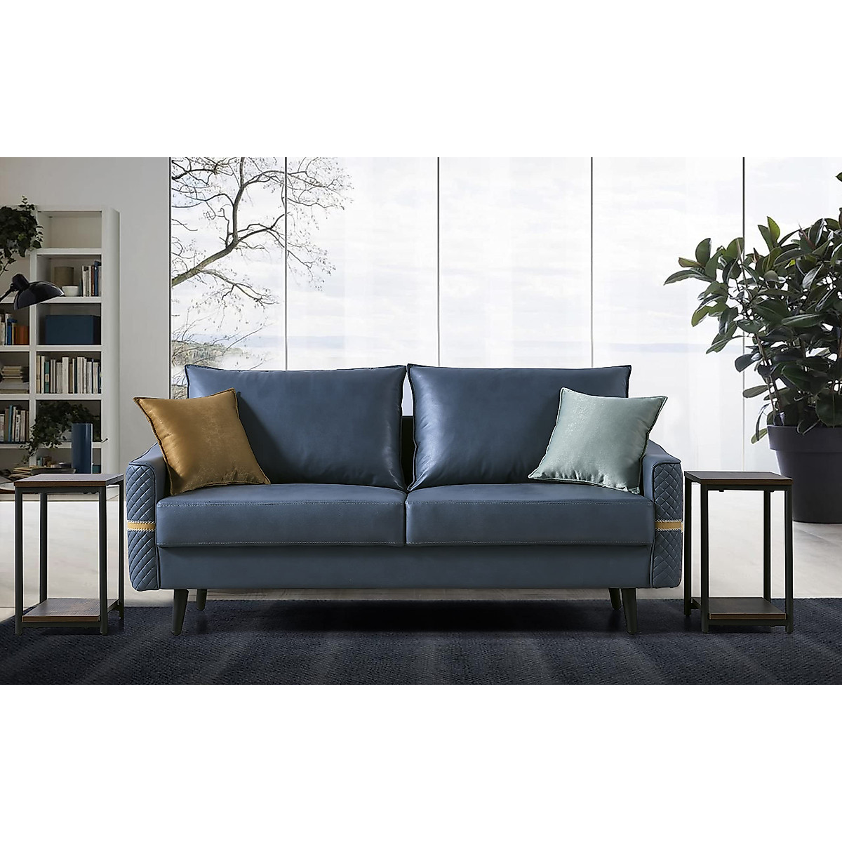 Prohon Tufted Love 73.22" Small Spaces, Mid-Century 2-3 Seats Loveseat with 2 Pillows, Leather Look High Comfort Fabric Sofa Couch for Living Room, Bedroom, Office, Apartment, Blue