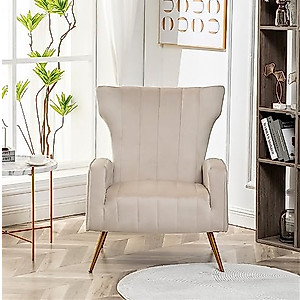 Container Furniture Direct Modern Velvet Accent Chair, Channel Tufted Bedroom, Office or Living Room Furniture with Elegant Metal Legs, 26" Wide Armchair, Beige
