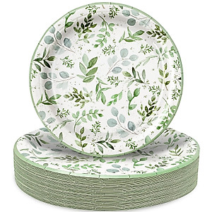 AnyDesign Greenery Paper Plates Disposable Watercolor Green Leaves Round Plates 9 Inch Spring Summer Decorative Tableware Dessert Plates for Birthday Wedding Baby Shower Supplies, 24Pcs