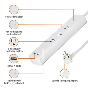 Amazon Basics Smart Plug Power Strip, Surge Protector with 3 Individually Controlled Outlets and 2 USB Ports, 2.4 GHz Wi-Fi, Works with Alexa