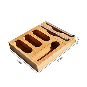 The Boodha Ziplock Bag Organizer with Wrap Dispenser – 6-in-1 Foil and Plastic Wrap Organizer with Cutter, Baggie Organizer for Sandwich, Snack, Gallon, Quart Bags – Bamboo Kitchen Drawer Organizer