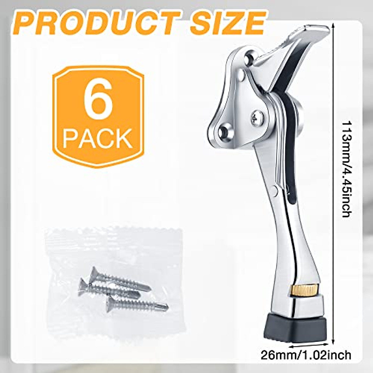 6 Pack Heavy Duty Door Stop 4 Inch Kickdown Metal Door Stopper Door Stoppers Wall Protector with Rubber Tip Easy to Install Adjustable Door Holder for Bottom of Door, Door Stops Replacements