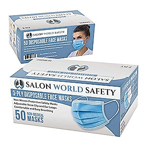 TCP Global Salon World Safety - Sealed Dispenser Box of 50 Face Masks Breathable Disposable 3-Ply Protective PPE with Nose Clip and Ear Loops