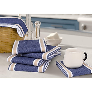 Bedding Craft- Set of 6 Blue/Beige Waffle Stripe Kitchen Towel – Absorbent Cotton Dishcloths for Drying Dishes, Farmhouse Kitchen Decor, Bar Towels, and More