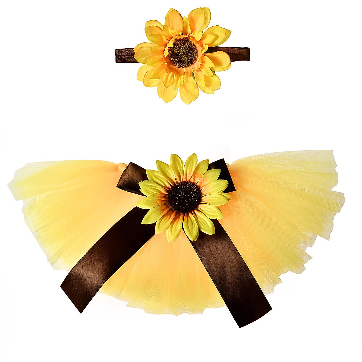 Brenaly Newborn Photography Prop Infants Baby Sunflower Tutu Skirt and Pink Lace Rompers Flower Headband Sets Shoot Outfits for 0-6 Months Baby Girls