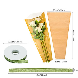 VOCAON 50PCS Flower Bouquet Wrapping Paper with Ribbon, Kraft Packing Sleeves for Bouquets Clear Floral Wrapping Bags Bulk for Graduation Anniversary Wedding Birthday Gift 17.9x9.8x3.9 Inches