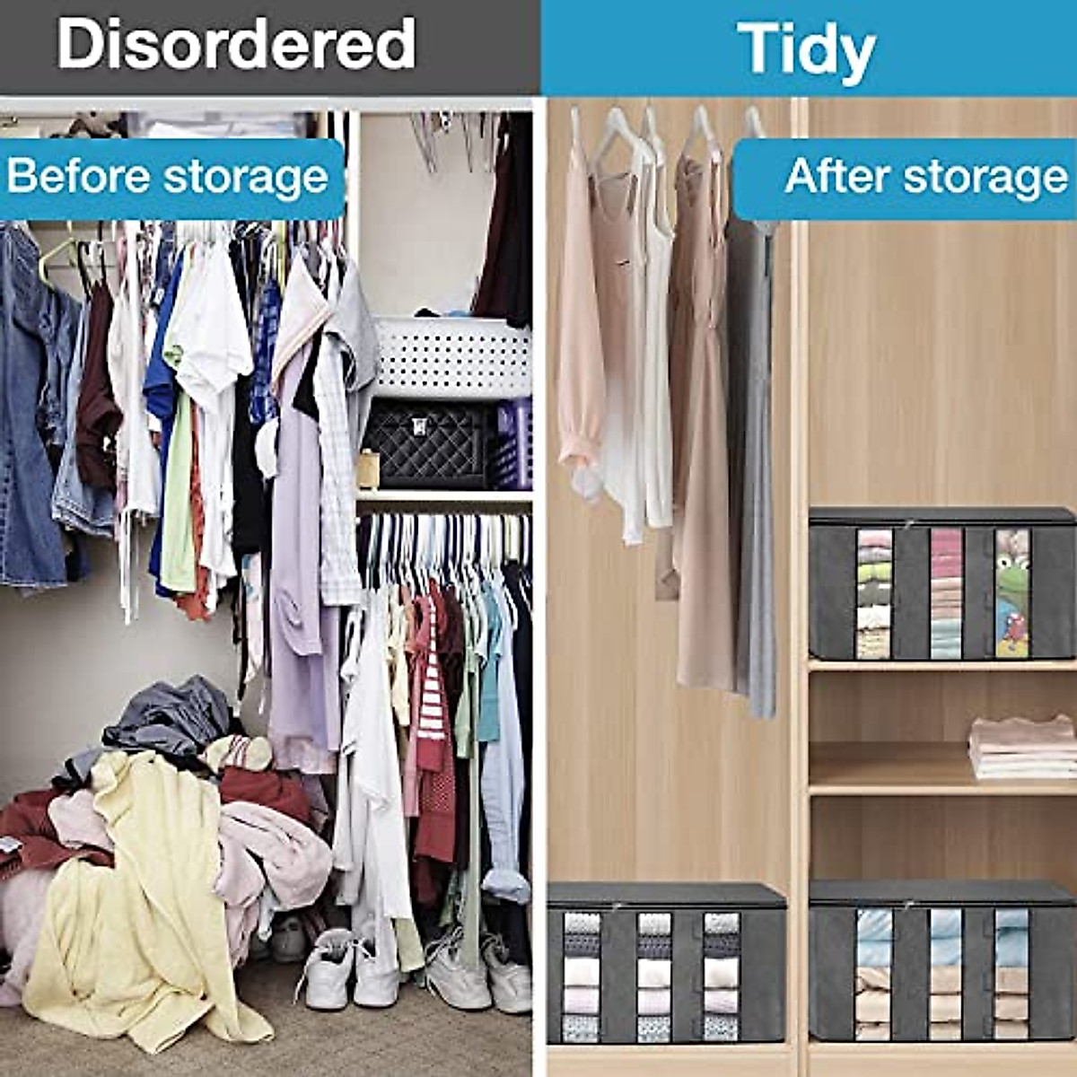 Large Capacity Storage Bags, 4 Pack Clothes Storage Bins, Foldable Closet Organizers with Handle, Thick Fabric and Sturdy Zipper for Comforters, Blankets, Bedding (Light Grey)