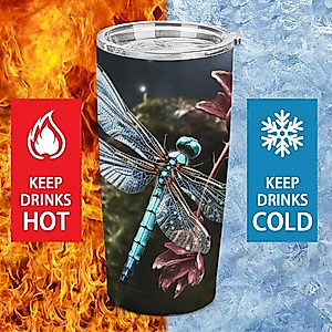 FHENMSA Stainless Steel Insulated Travel Coffee Mug,Blue Dragonfly Print Reusable Car Cup,Thermal Cup for Outdoor with Straw And Lid