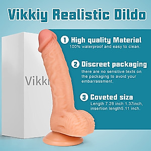 Vikkiy 7.3 Inch Realistic Dildo Feels Like Skin Body-Safe Material G spot Stimulator Dildos with Strong Suction Cup for Hands-free Play Sex Toys for Adult