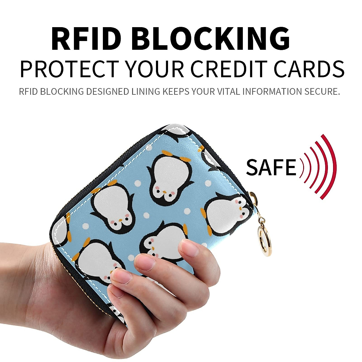 Cute Penguins Seamless Credit Card Coin wallet, RFID Blocking Compact Women Leather Card Holder, Key Change Organizer, Zipper Purse Clutch Pouch Pocket