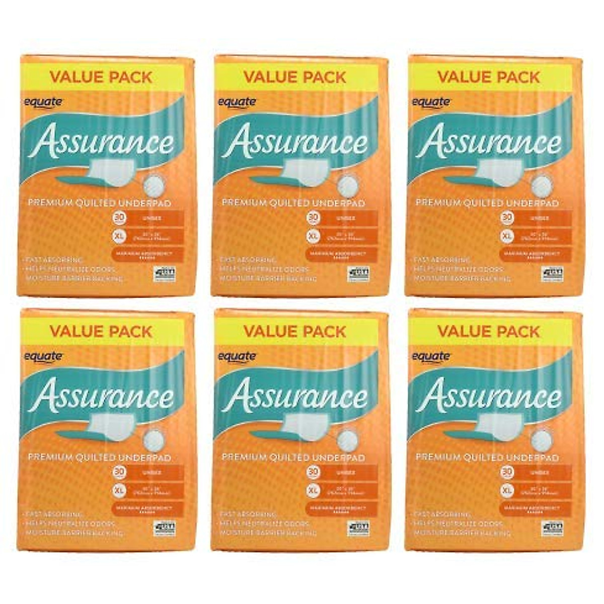 Equate Assurance Maximum Absorbency Unisex Premium Quilted Underpad Value Pack, XL, 30 Count (Pack of 6)