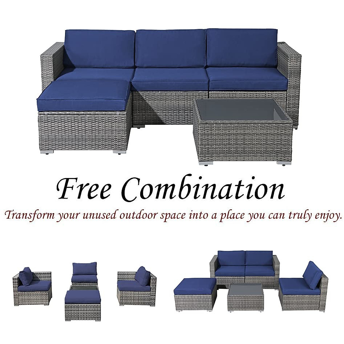 Patiorama 5 Piece Outdoor Patio Furniture Set, Outdoor Sectional Conversation Set, All-Weather Grey PE Wicker w/Navy Blue Cushions, Outdoor Backyard Porch Garden Poolside Balcony Furniture Set