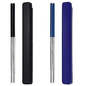 Portable & Reusable Chopsticks Stainless Steel Chopsticks with Case for School,Camping,Travel, Bento Box, 9 Inches in length, Alternative to Wooden (Black+Blue)