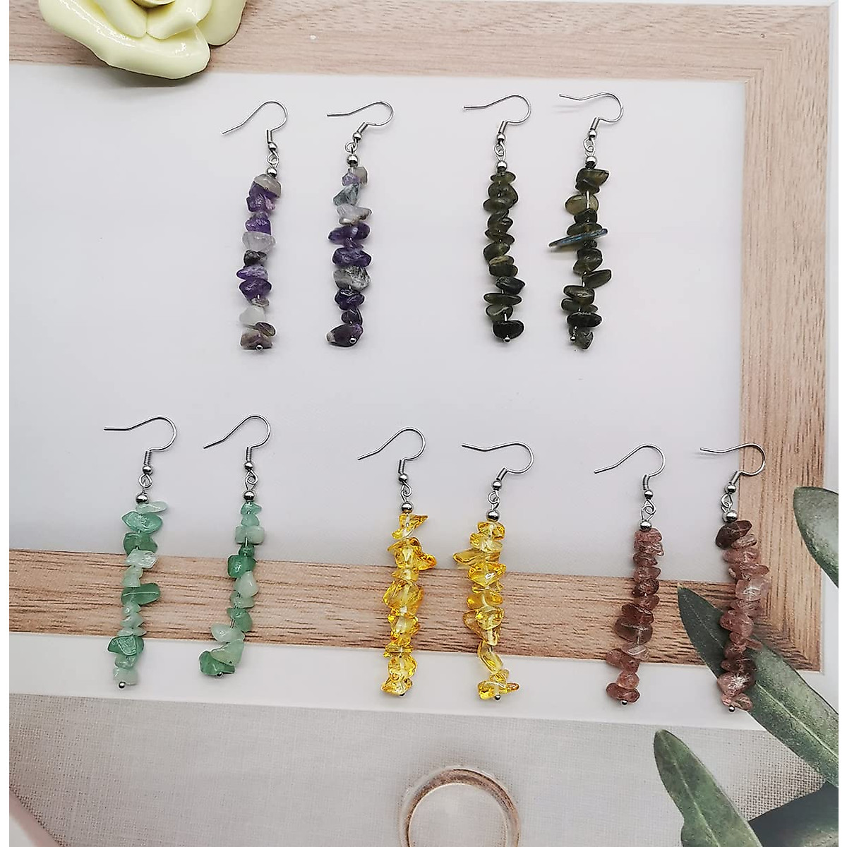 SAMOCO 10 Pairs Natural Stone Beaded Dangle Earrings for Women Colorful Crystal Drop Hook Earrings Chakra Gemstone Chip Earrings Set Meditation Yoga Jewelry