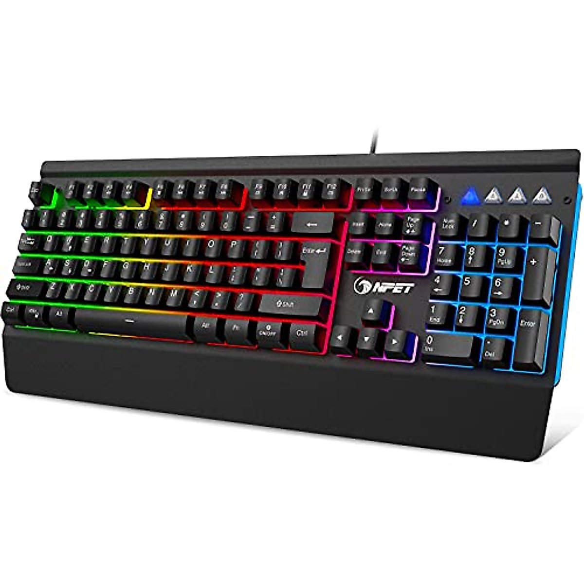 NPET K510 Gaming Keyboard, Wired LED Backlit Computer Keyboard with Ergonomic Wrist Rest, 12 Multimedia Keys & 19 Keys Anti-ghosting USB Full Size Rainbow Keyboard for Laptop/Desktop/PC