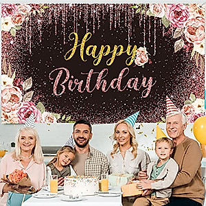 Happy Birthday Backdrop Decorations for Women Background Party Supplies Rose Backdrop Photography for Girls Boys Floral Glitters Banner Wedding Baby Shower Decor (Black)