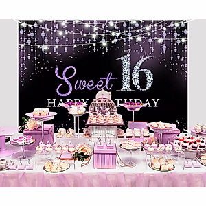 Sweet 16th Birthday Decorations for Girls Happy 16 Birthday Backdrop Banner,Purple Balloon Garland Kit for Teen Her Sixteen Sweet 16 Birthday Party Decorations,16th Birthday Party Supplies Bday Decor