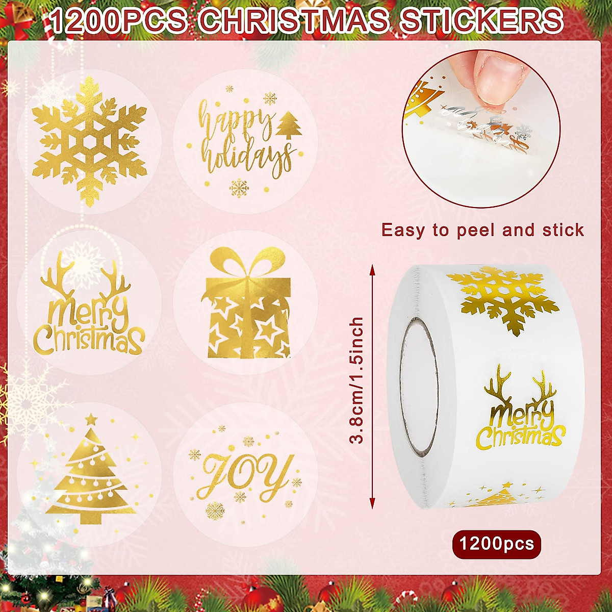 Whaline 1200Pcs Christmas Clear Stickers 6 Styles Foil Gold Transparent Round Label Stickers 1.5in Snowflake Xmas Tree Pattern Stickers for Xmas Envelope Sealing Invitation Greeting Cards Gift Decor