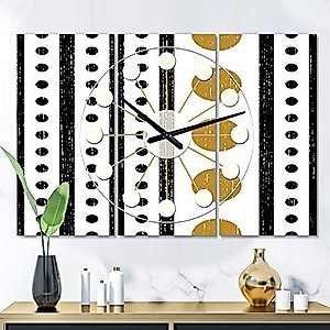 Retro Geometrical Abstract Minimal Pattern VII' Oversized Mid-Century Wall Clock - 3 Panels Black Mid-Century Modern Contemporary Aluminum Steel Finish Battery Included