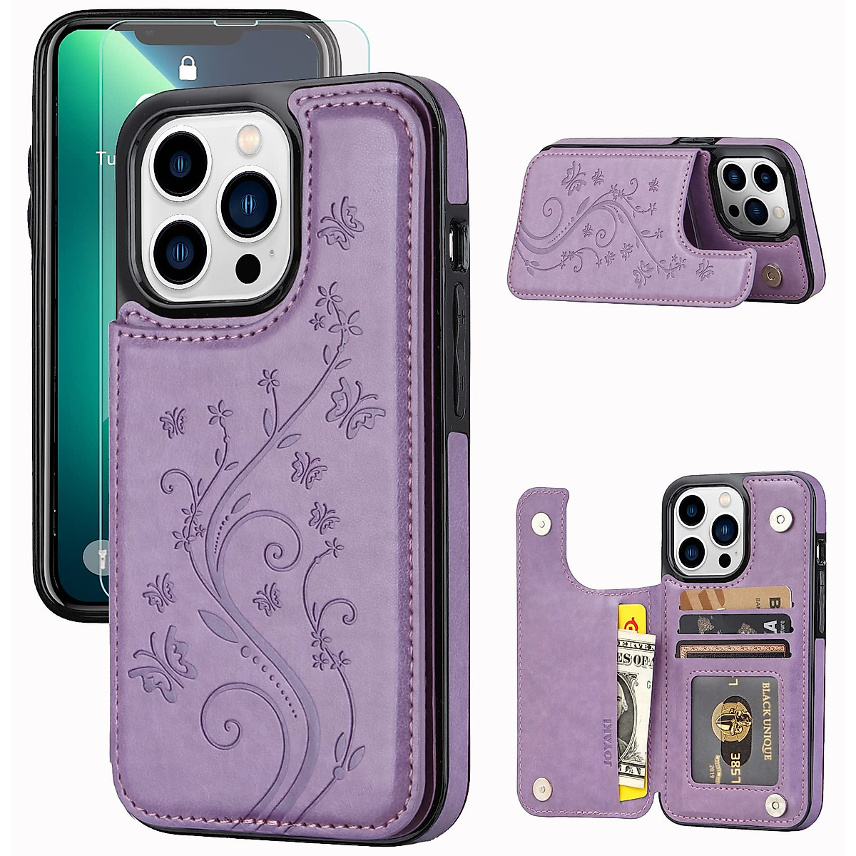JOYAKI Wallet Case Compatible with iPhone 13 Pro Max,Slim Protective case with Card Holder,PU Leather Kickstand Card Slots Case with a Free Screen Protective Glass for iPhone 13 Promax(6.7")-Purple