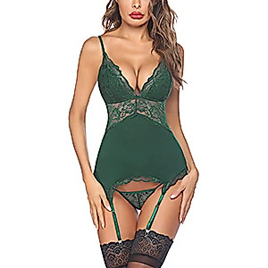 Avidlove Women Chemise Lingerie Set with Garter Belts Teddy Lace Babydoll Nightwear Green