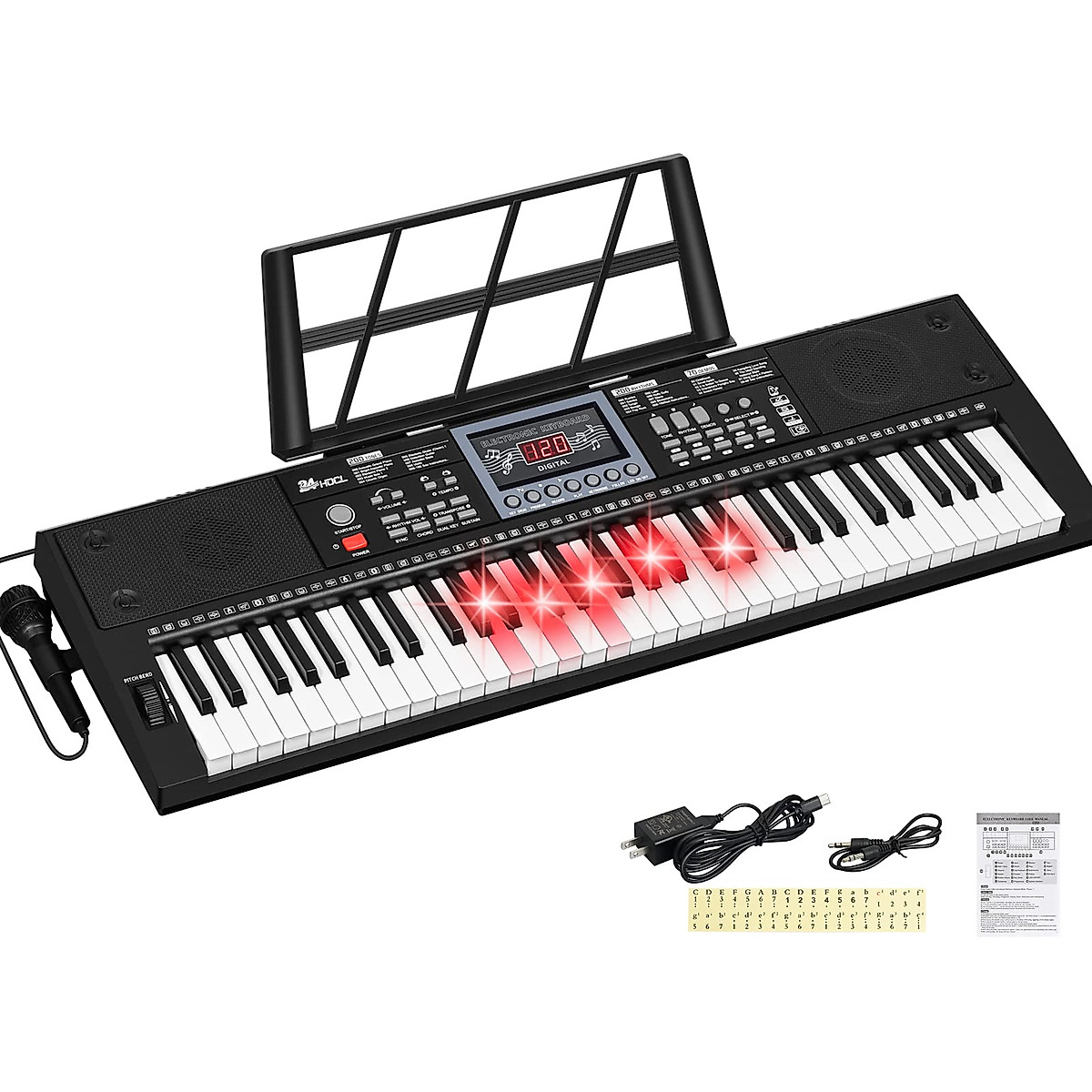 24HOCL 61 Keys Keyboard Piano Lighted Keys for Kids Teens Beginners Birthday Best Gift, Electronic Portable Digital Music Piano Keyboard with Mic, Music Stand, Powered by UL Adapter/Battery