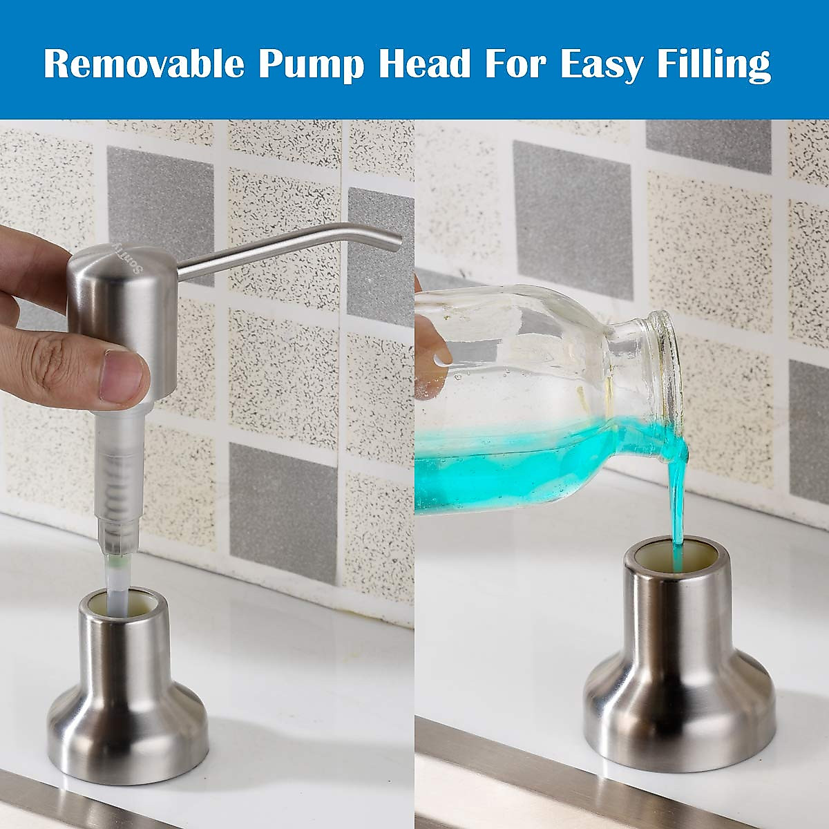 Dish Soap Dispenser for Kitchen Sink, SonTiy Built in Soap Dispenser Stainless Steel Soap Pump with 47" Extension Tube and 500ml Bottle