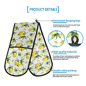 Lemon Double Oven Mitt, Cotton Cooking Gloves Heat Resistant Fresh Fruit Lemon Leaves Kitchen Oven Gloves for BBQ, Cooking, Baking, and Handling Hot Pots and Pans, 35 x 7.5