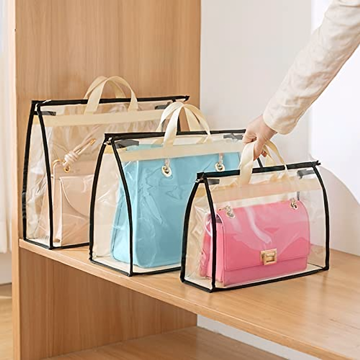 Peohud 9 Pack Clear Handbag Storage Organizer, Dust Bags for Handbags, Transparent Purse Organizer for Closet, Hanging Handbags Dust Cover Bags with Zipper, Handles and Hooks