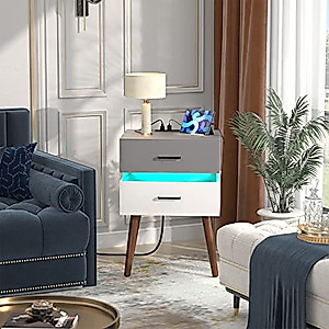 armocity Nightstands with Charging Station and LED Light, Bedside Table with 2 Drawer, Modern Night Stand with Charging Port, Sturdy NightStand with Light for Bedrooms, Guest Room, Gray and White