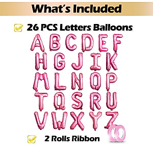 [26 Pcs] 16" Letter Pink Foil Balloons A-Z set, Mylar Aluminum Hanging Alphabet for Valentine's day Romance Mother's day Wedding Graduation Birthday Party Decorations New Year eve