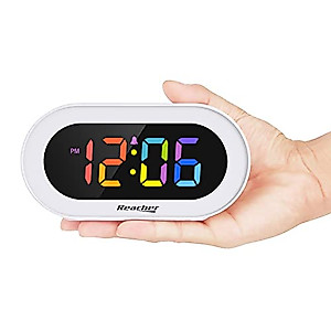 REACHER Small Colorful LED Digital Alarm Clock with Snooze, Simple to Operate, Full Range Brightness Dimmer, Adjustable Alarm Volume, Outlet Powered Compact Clock for Bedrooms, Bedside, Desk, Shelf