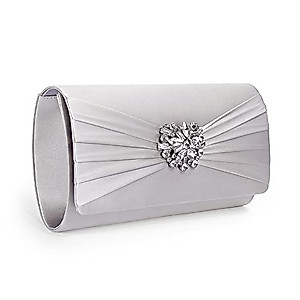 Mulian LilY M102 Silver Evening Bags For Women Pleated Satin Rhinestone Brooch Prom Clutch Purse With Detachable Chain Strap Silver