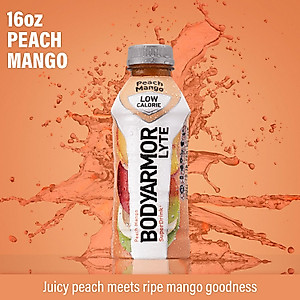 BODYARMOR LYTE Sports Drink Low-Calorie Sports Beverage, Peach Mango, Coconut Water Hydration, Natural Flavors With Vitamins, Potassium-Packed Electrolytes, Perfect For Athletes, 16 Fl Oz (Pack of 12)