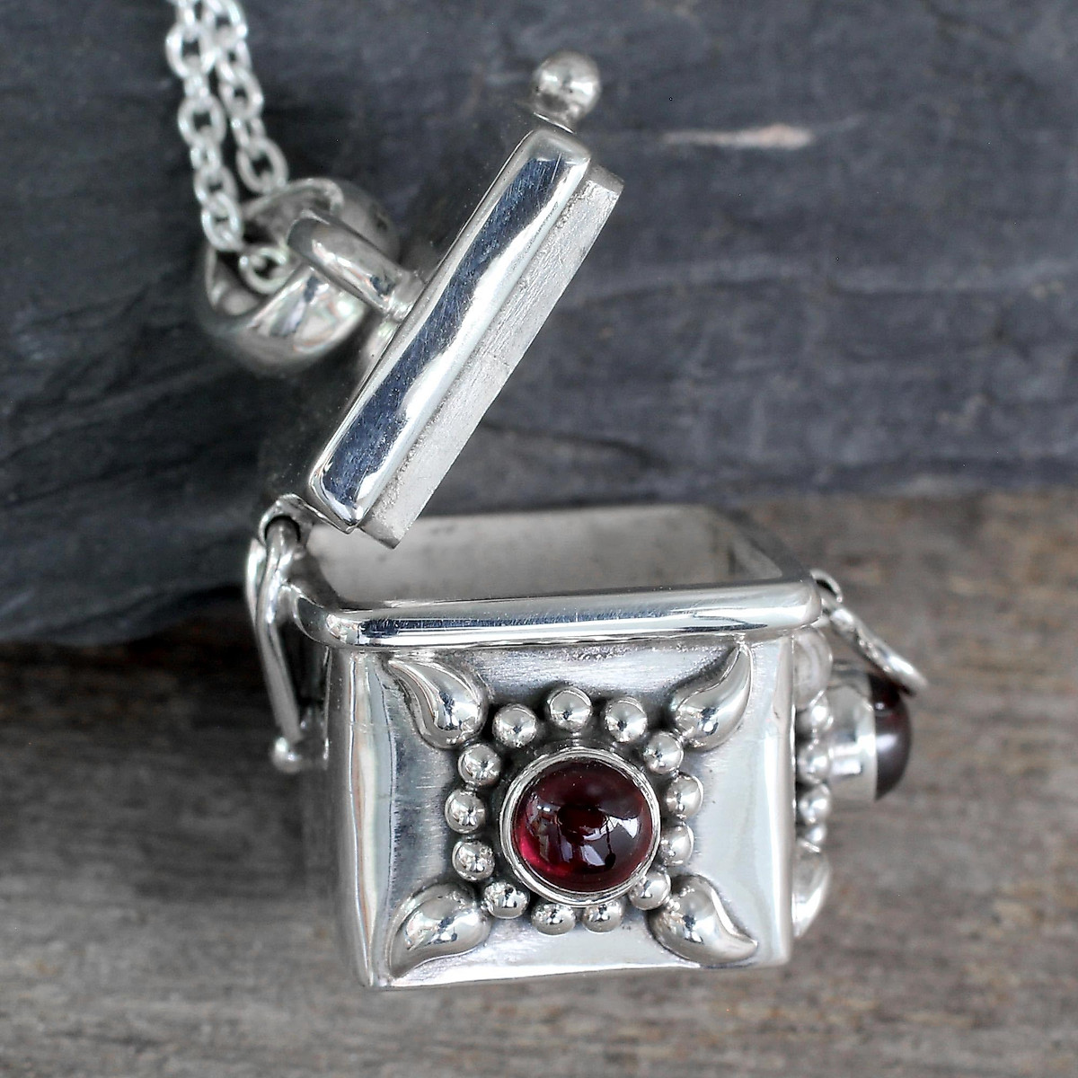 NOVICA Handmade .925 Sterling Silver Garnet Prayer Box Pendant Necklace Artisan Crafted in Burgundy Red India Spiritual Birthstone 'Royal Prayer'